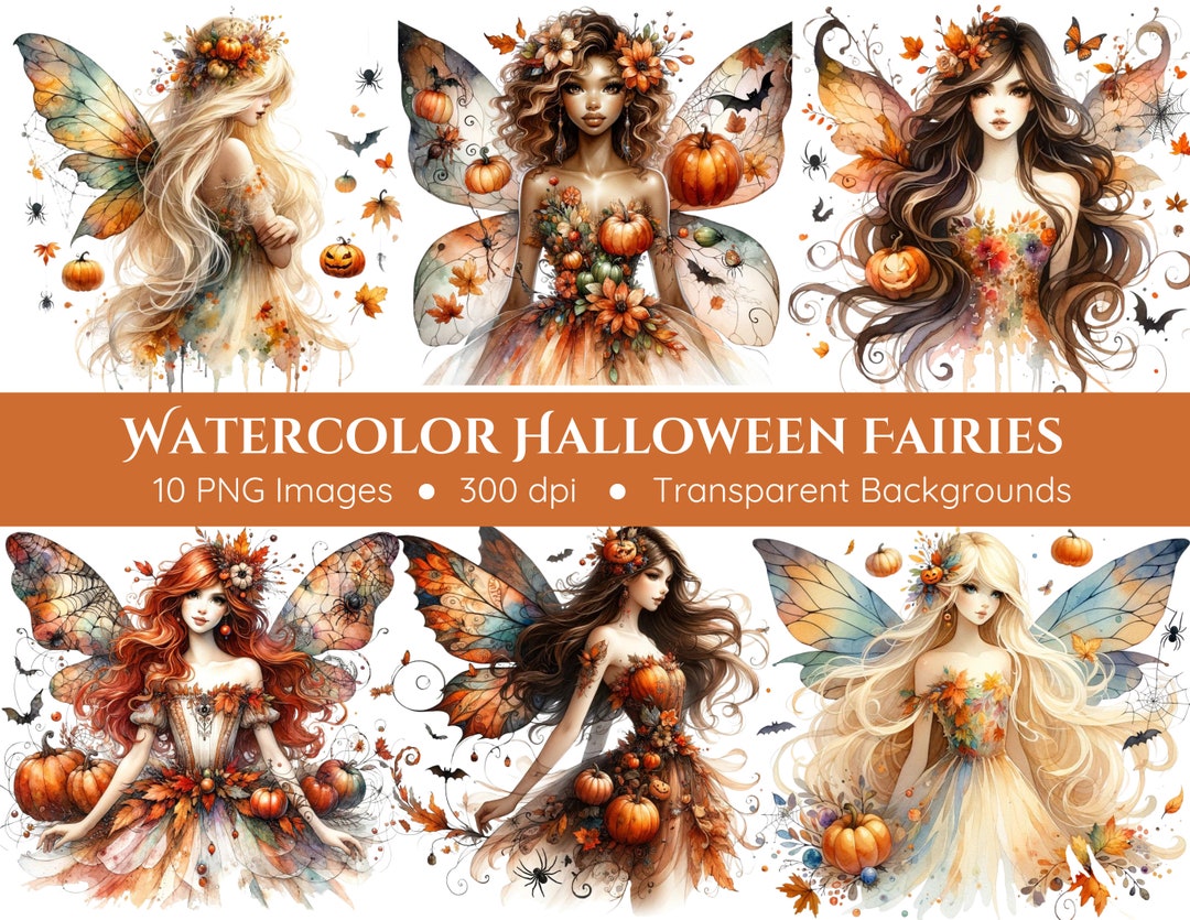 Halloween Fairies Clipart Pack - Transparent Background - Watercolor ...