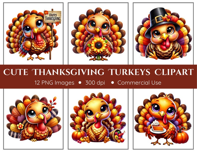 Cute Thanksgiving Turkey Clipart | 12 Pngs | Turkeys Clipart ...