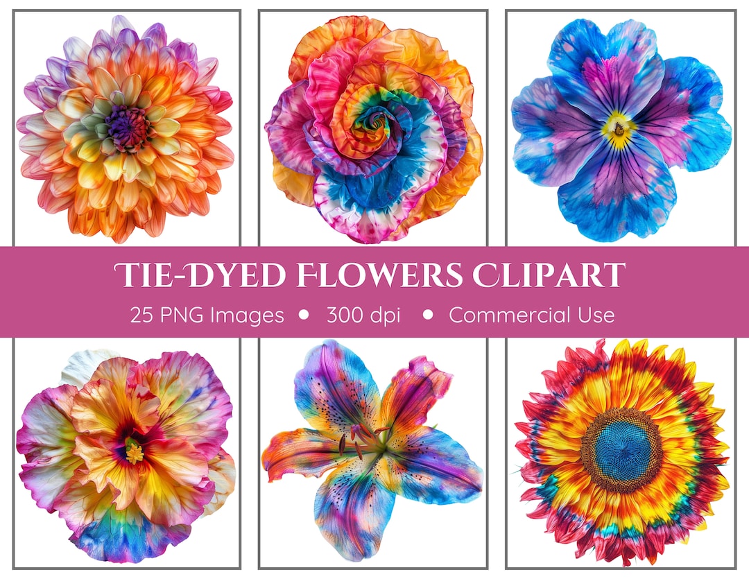 Tie-dyed Flowers Clipart | 25 Pngs | Colorful Floral Clipart Set | Tie ...