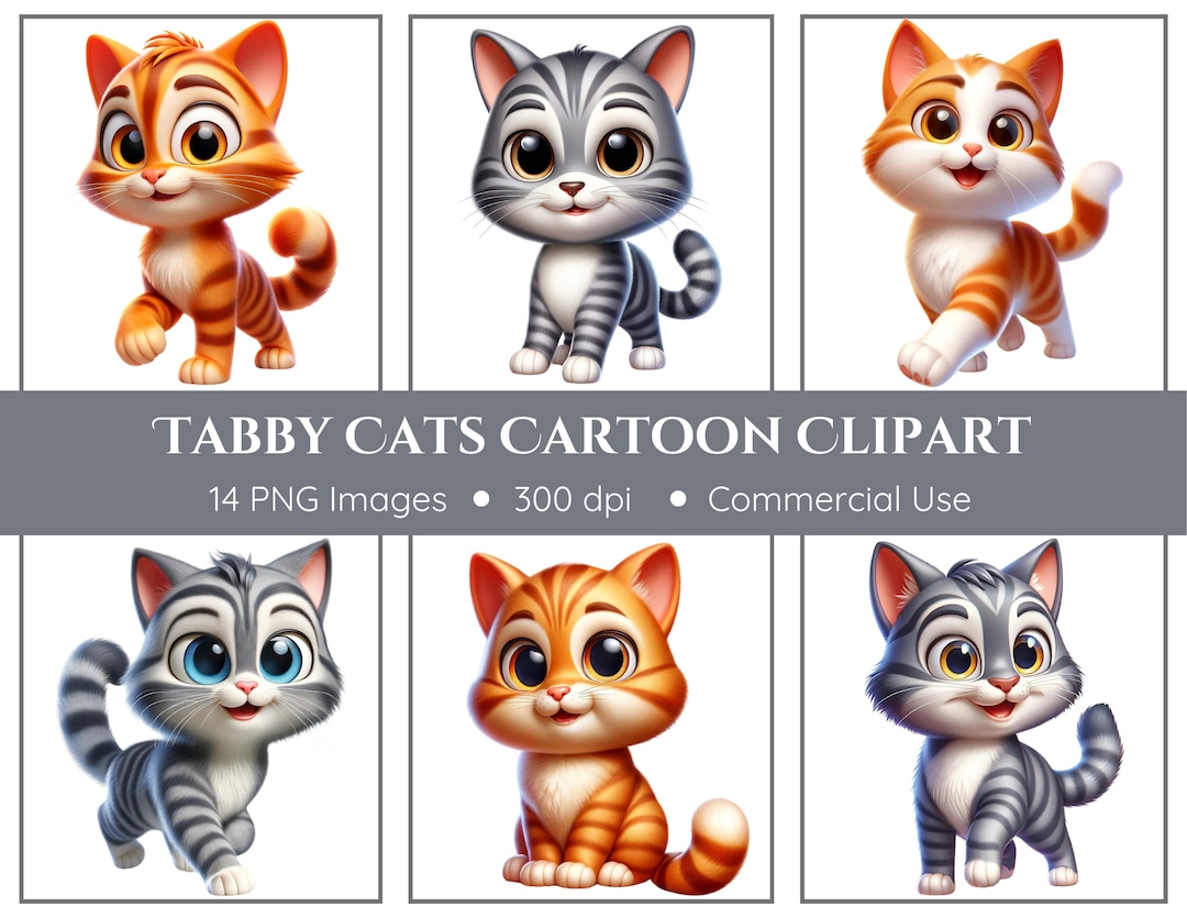 Tabby Cats Clipart Pack - 14 Pngs - Cartoon Cats - Cute Cats - Gray ...