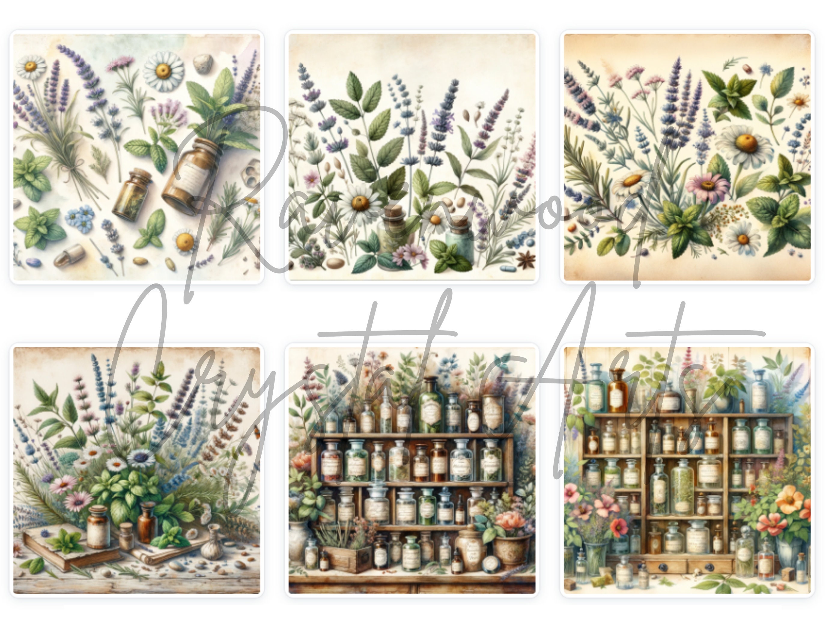 Medicinal Herbs Digital Paper - Vintage-inspired Watercolor - Herbs ...