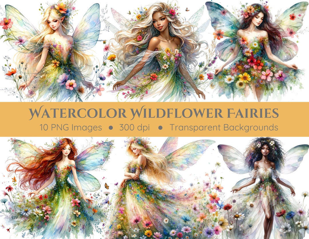 Wildflower Fairies Clipart Pack - Transparent Background - Watercolor ...