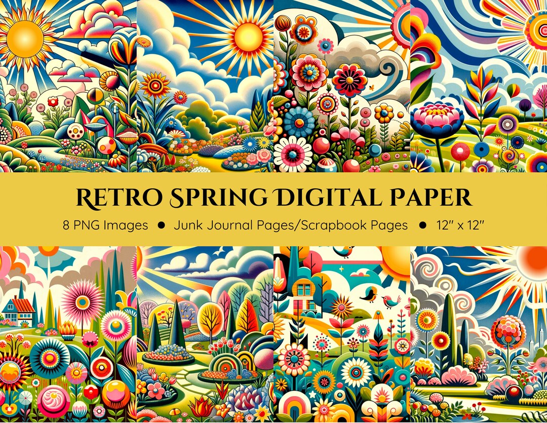 Retro Spring Digital Paper - Retro Scenes, Retro Florals, Retro Digital ...
