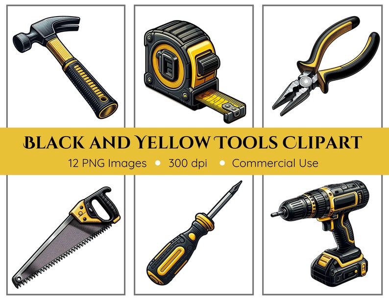 Black and Yellow Tools Clipart | 12 Pngs | Construction Clipart ...