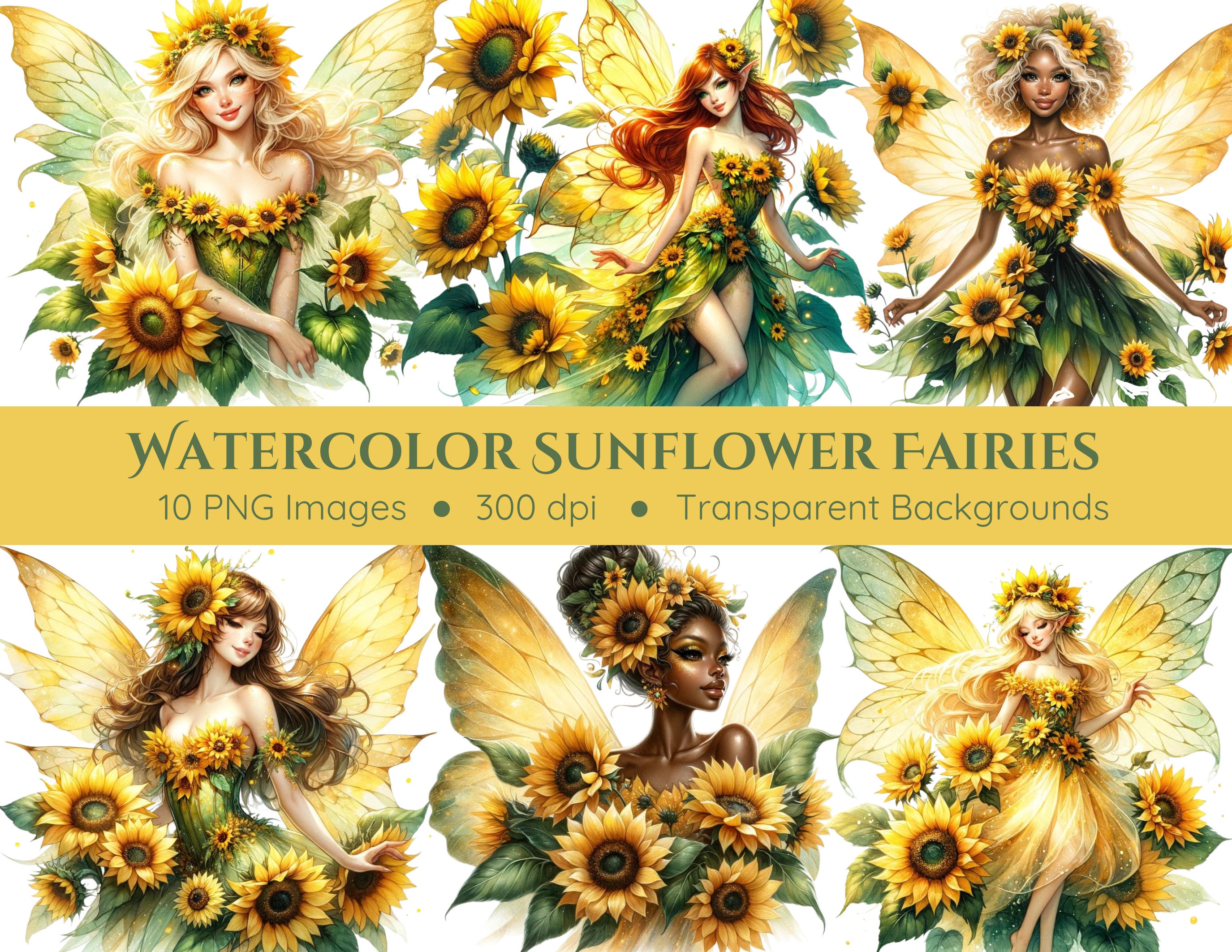 Sunflower Fairies Clipart Pack - Transparent Background - Watercolor ...