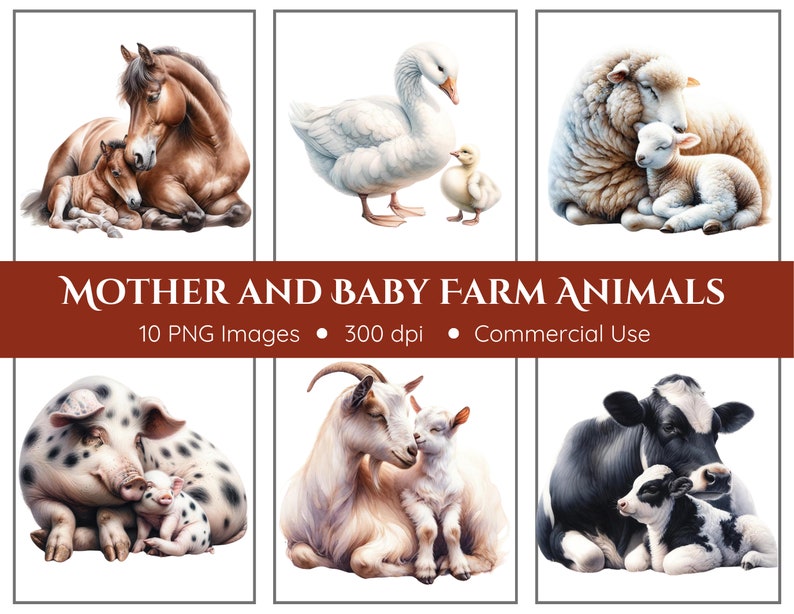 Mother and Baby Farm Animals Clipart - Farm Clipart - Transparent Background - Nursery Art ...