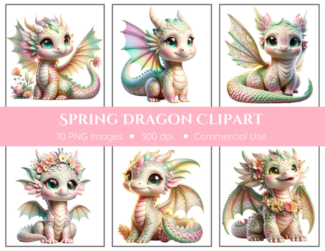 Spring Dragons Clipart Pack - Transparent Background - Baby Dragons ...