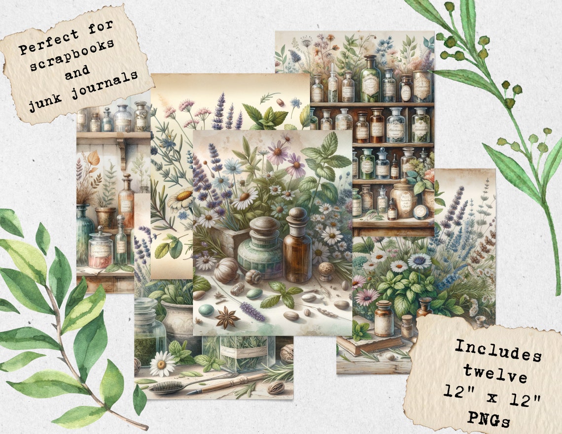 Medicinal Herbs Digital Paper - Vintage-inspired Watercolor - Herbs ...