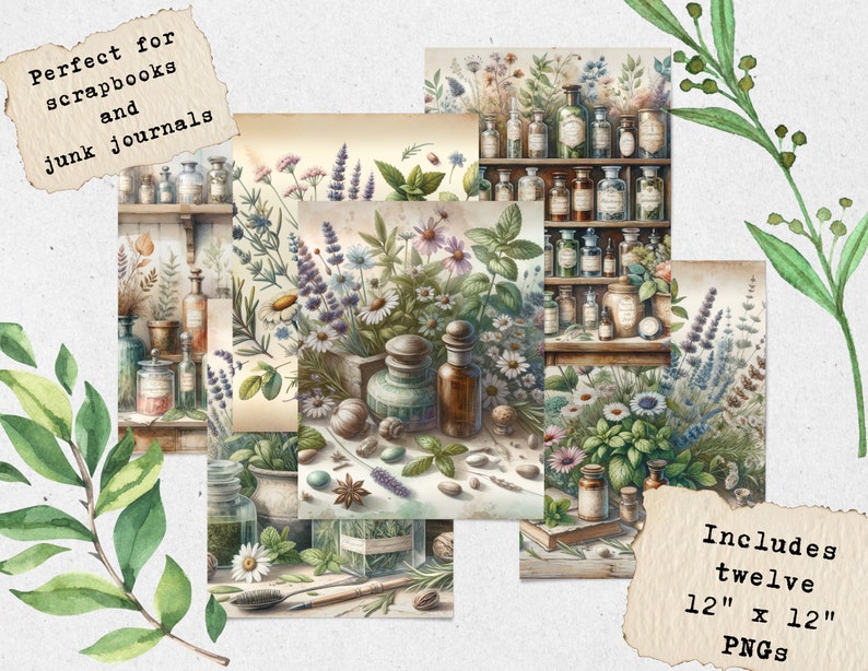 Medicinal Herbs Digital Paper - Vintage-inspired Watercolor - Herbs ...