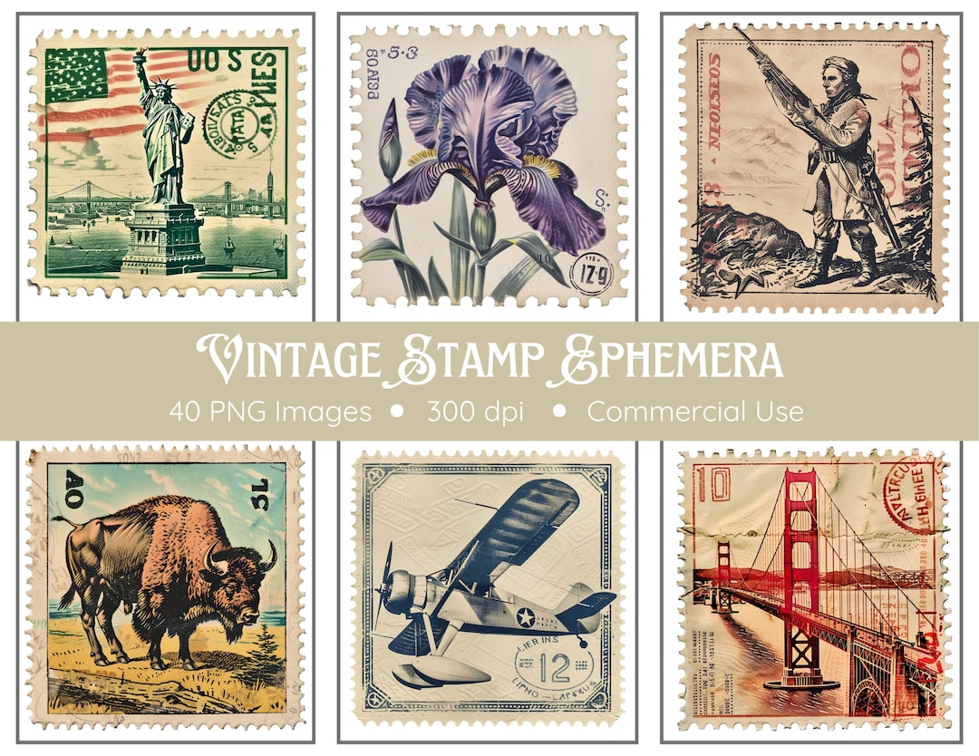Vintage Stamp Clipart | 40 Pngs | Instant Download | Retro Stamps Png ...