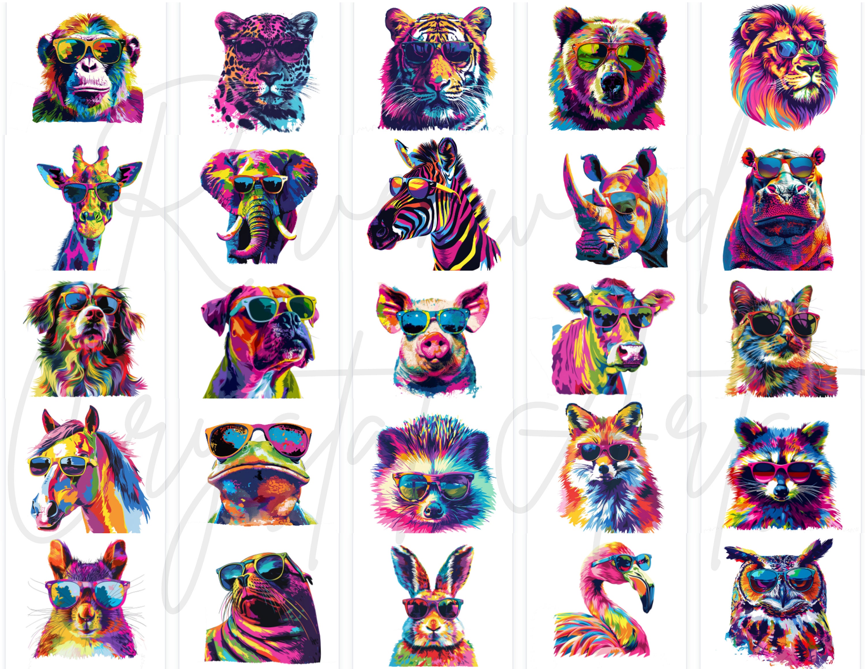 Pop Art Animals in Sunglasses Clipart | 25 Pngs | Colorful Animals ...