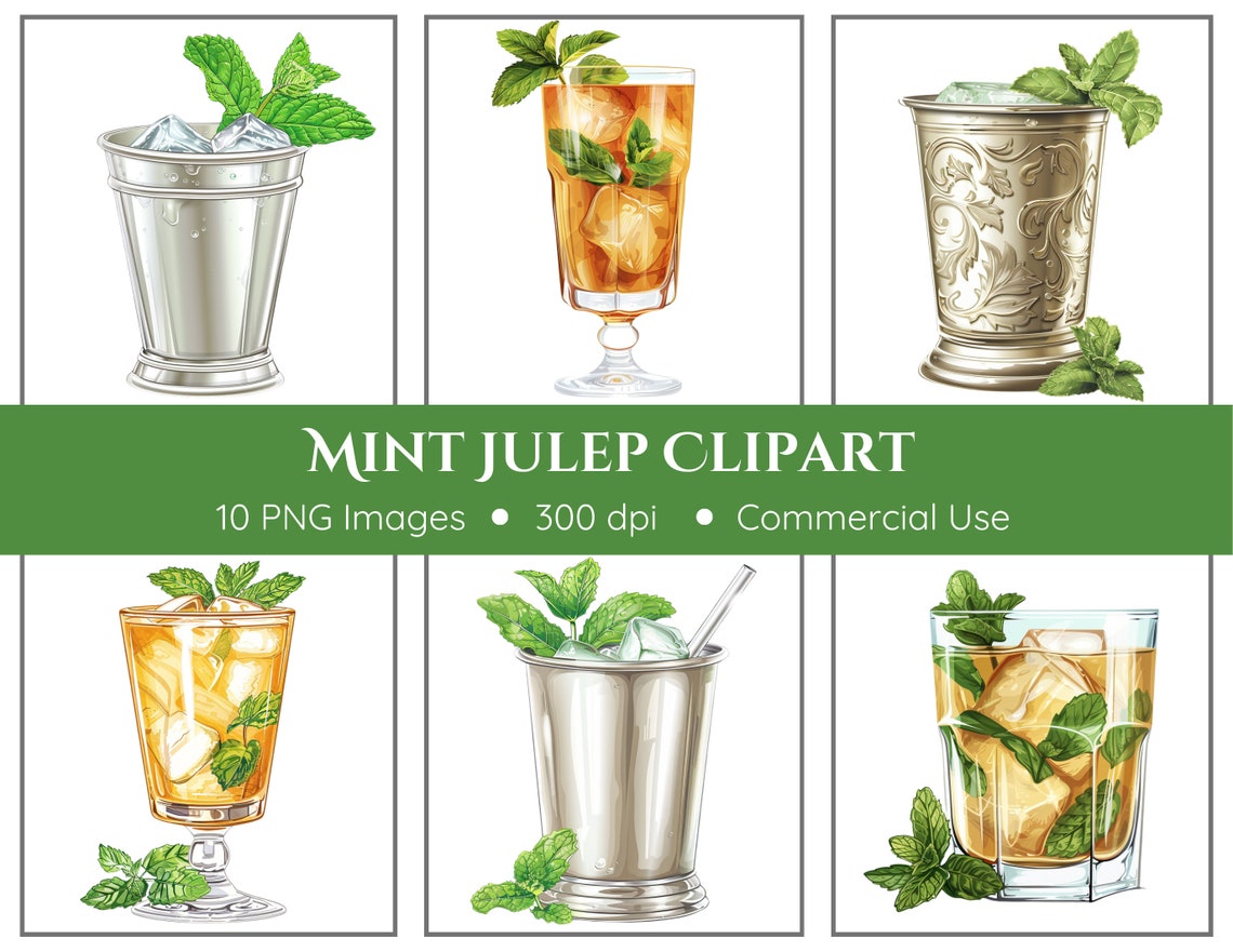 Mint Julep Clipart Pack Transparent Background Mint Juleps, Watercolor Cocktails, Horse Derby ...