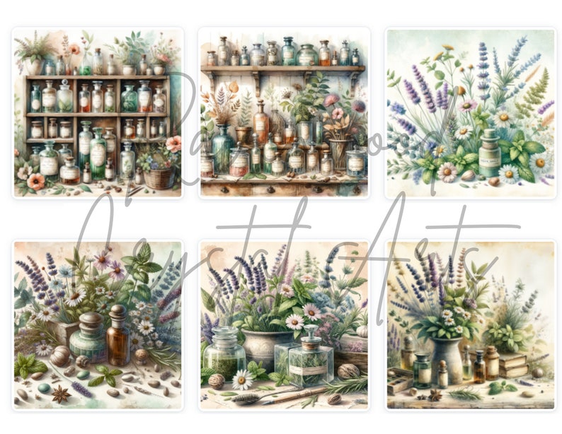 Medicinal Herbs Digital Paper - Vintage-inspired Watercolor - Herbs ...