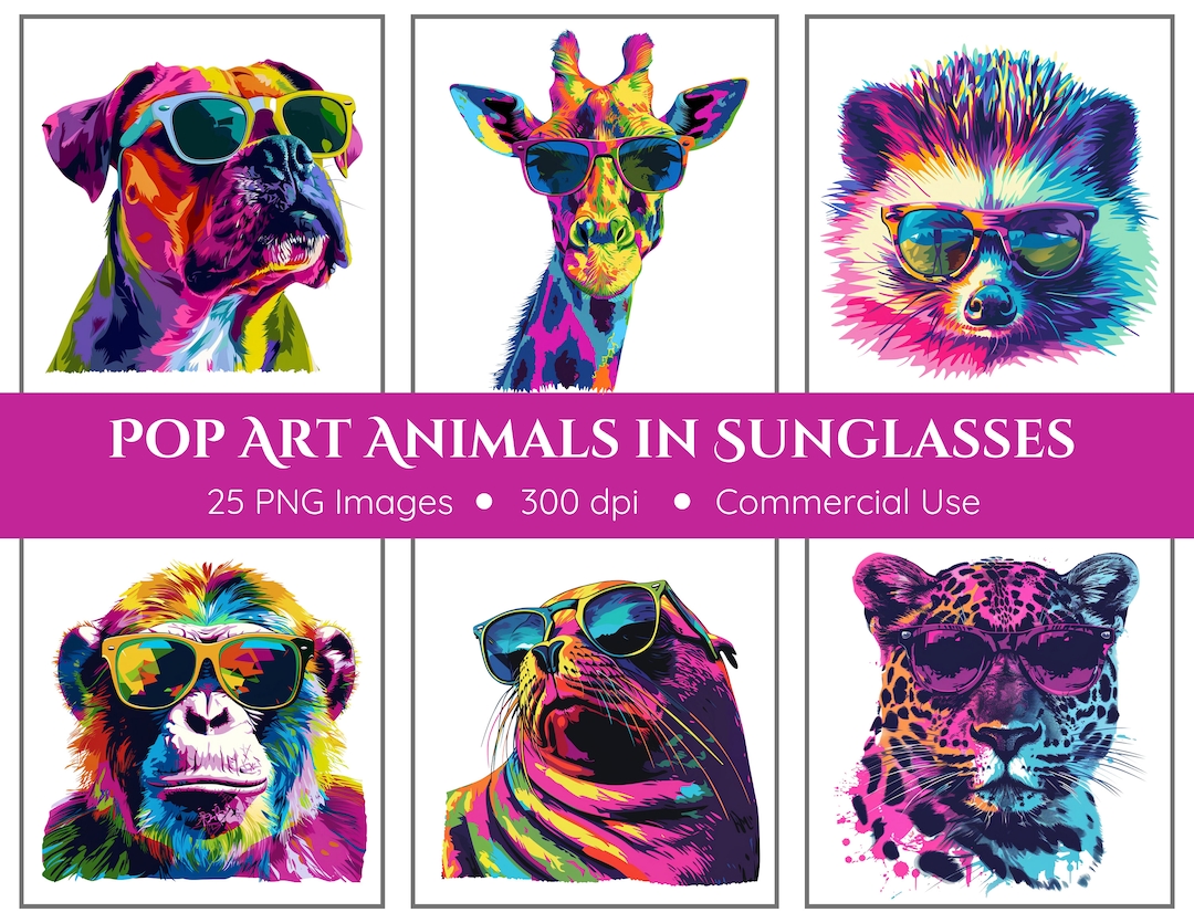 Pop Art Animals in Sunglasses Clipart | 25 Pngs | Colorful Animals ...
