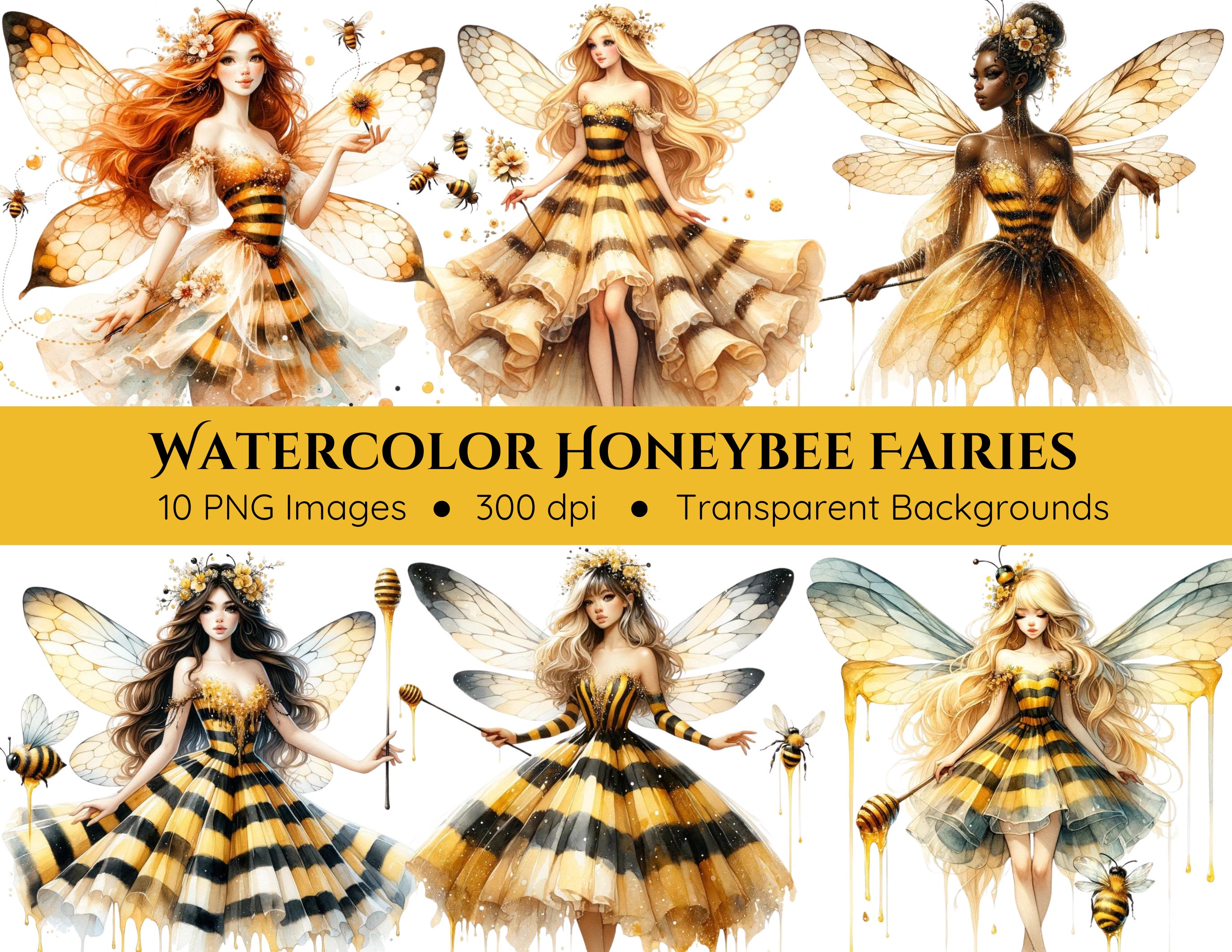 Honeybee Fairies Clipart Pack - Transparent Background - Watercolor ...