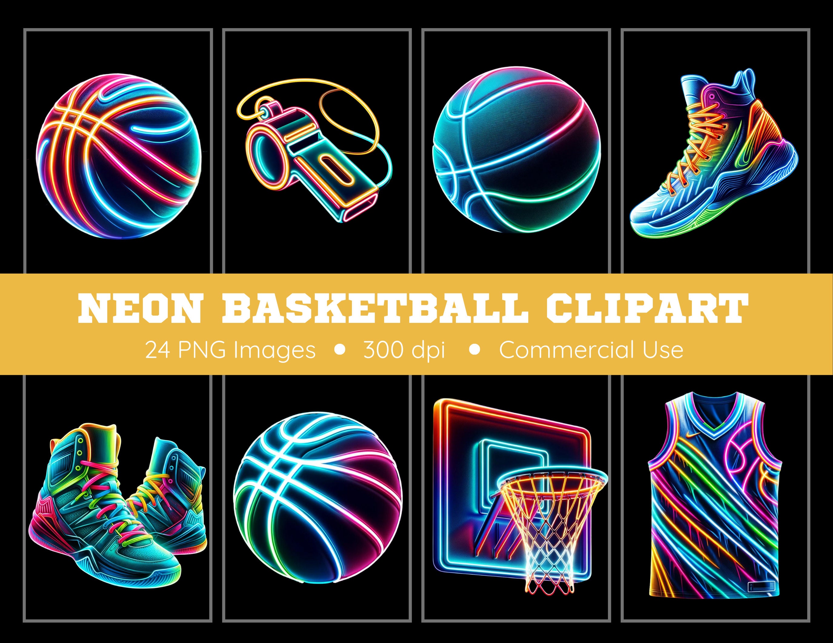 Neon Basketball Clipart Pack - Transparent Background - Basketballs ...