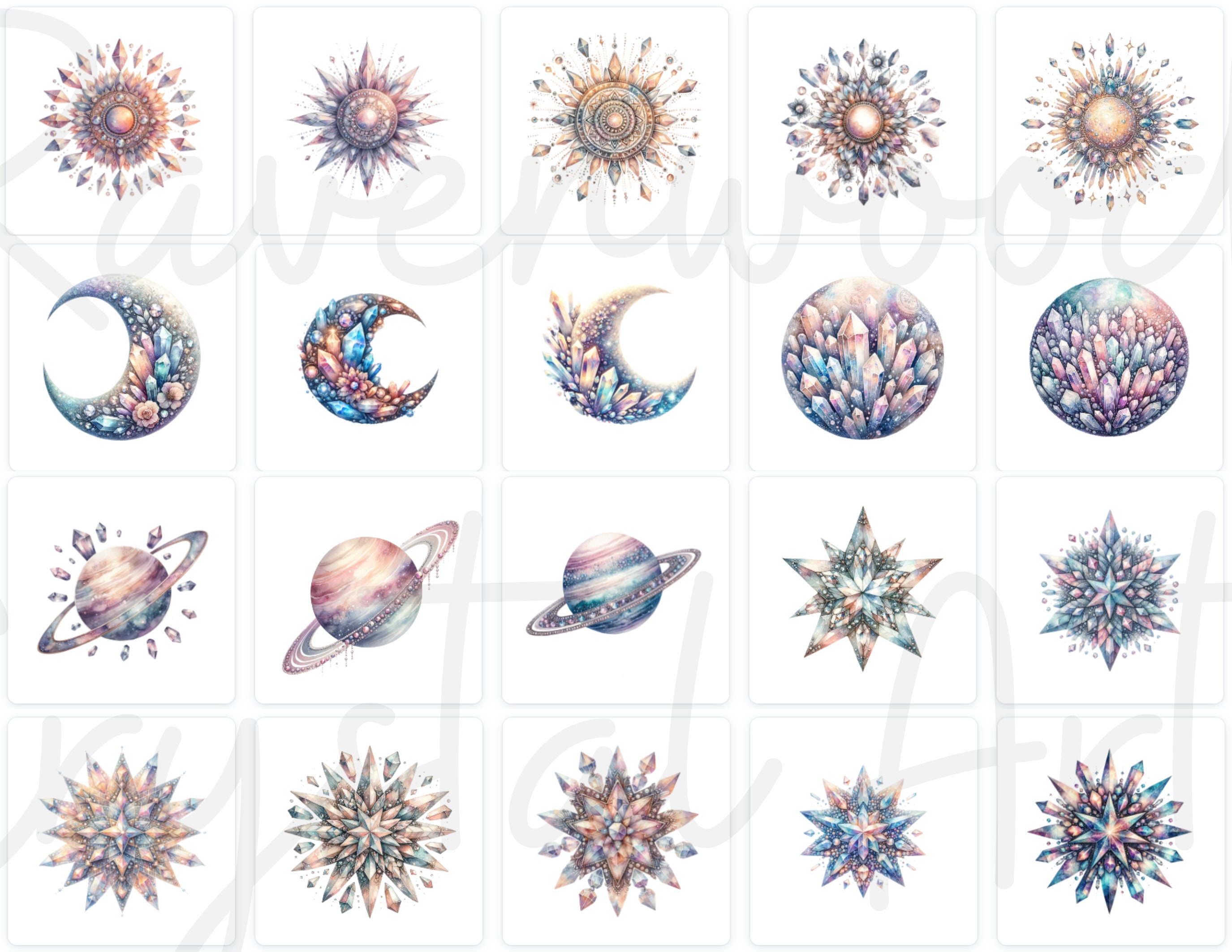 Boho Celestial Crystal Clipart Pack Transparent Background Suns, Moons ...