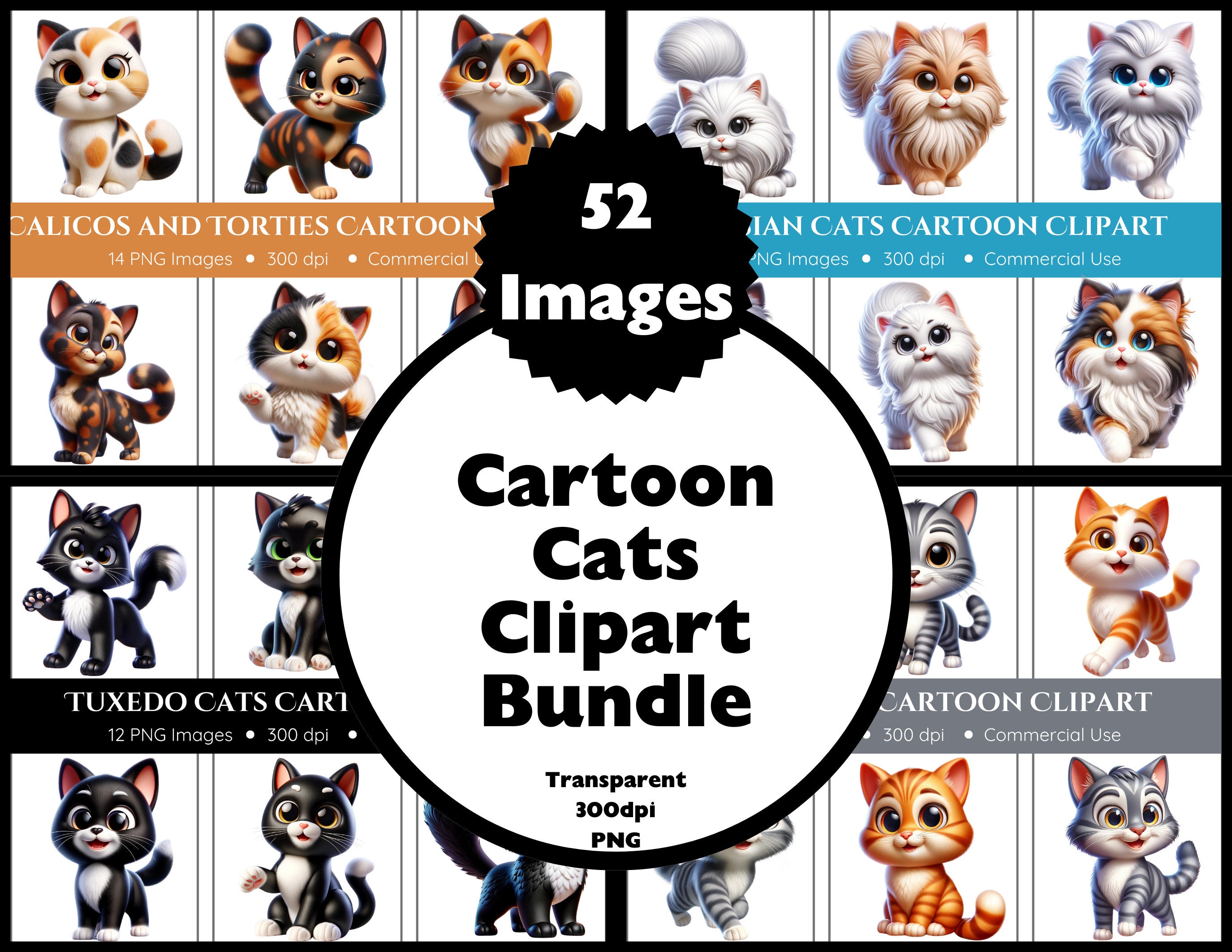 Cartoon Cats Clipart Bundle Tabby Cats Tuxedo Cats Calico Cats Persian ...