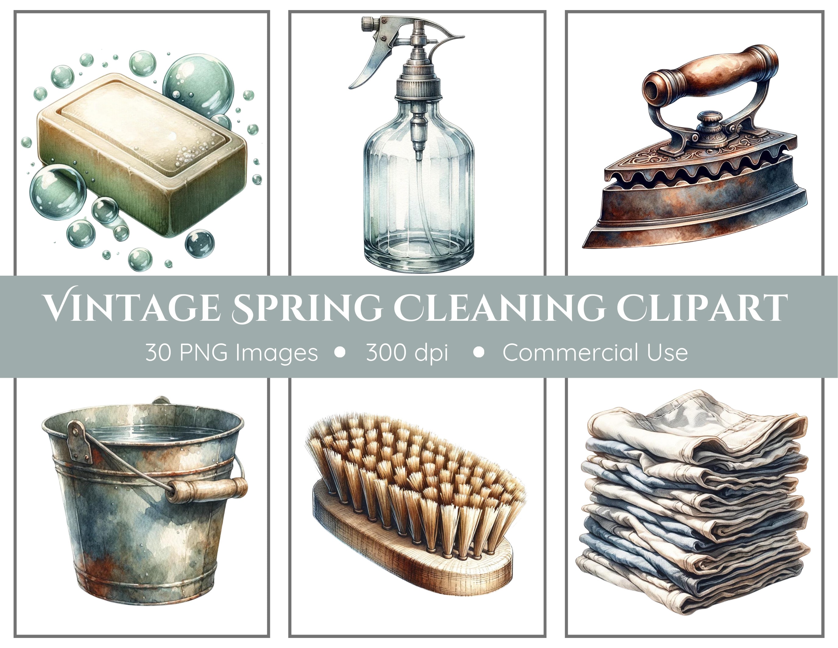 Vintage Spring Cleaning Clipart Pack - Transparent Background ...