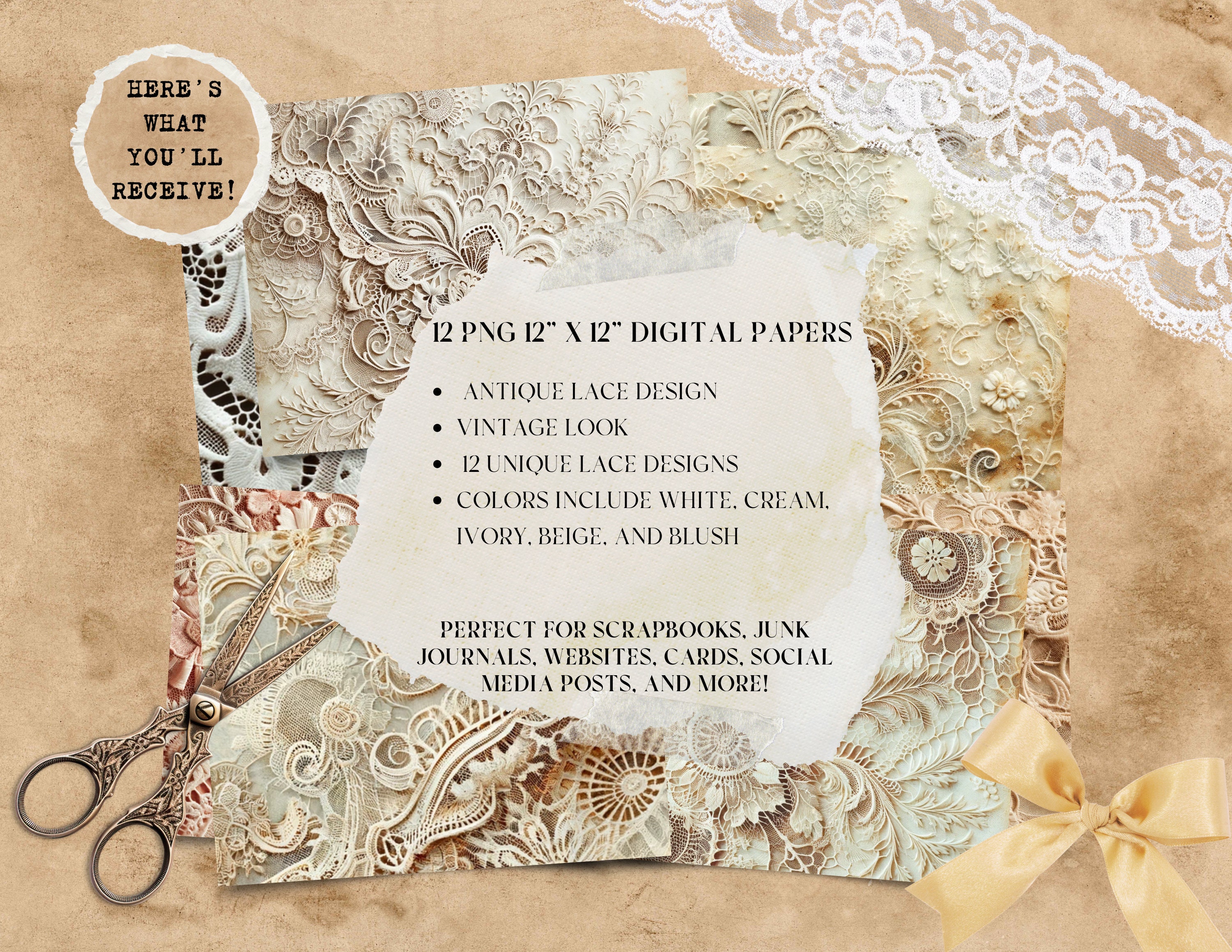 Antique Lace Digital Paper Vintage Lace Paper for Junk Journals and ...