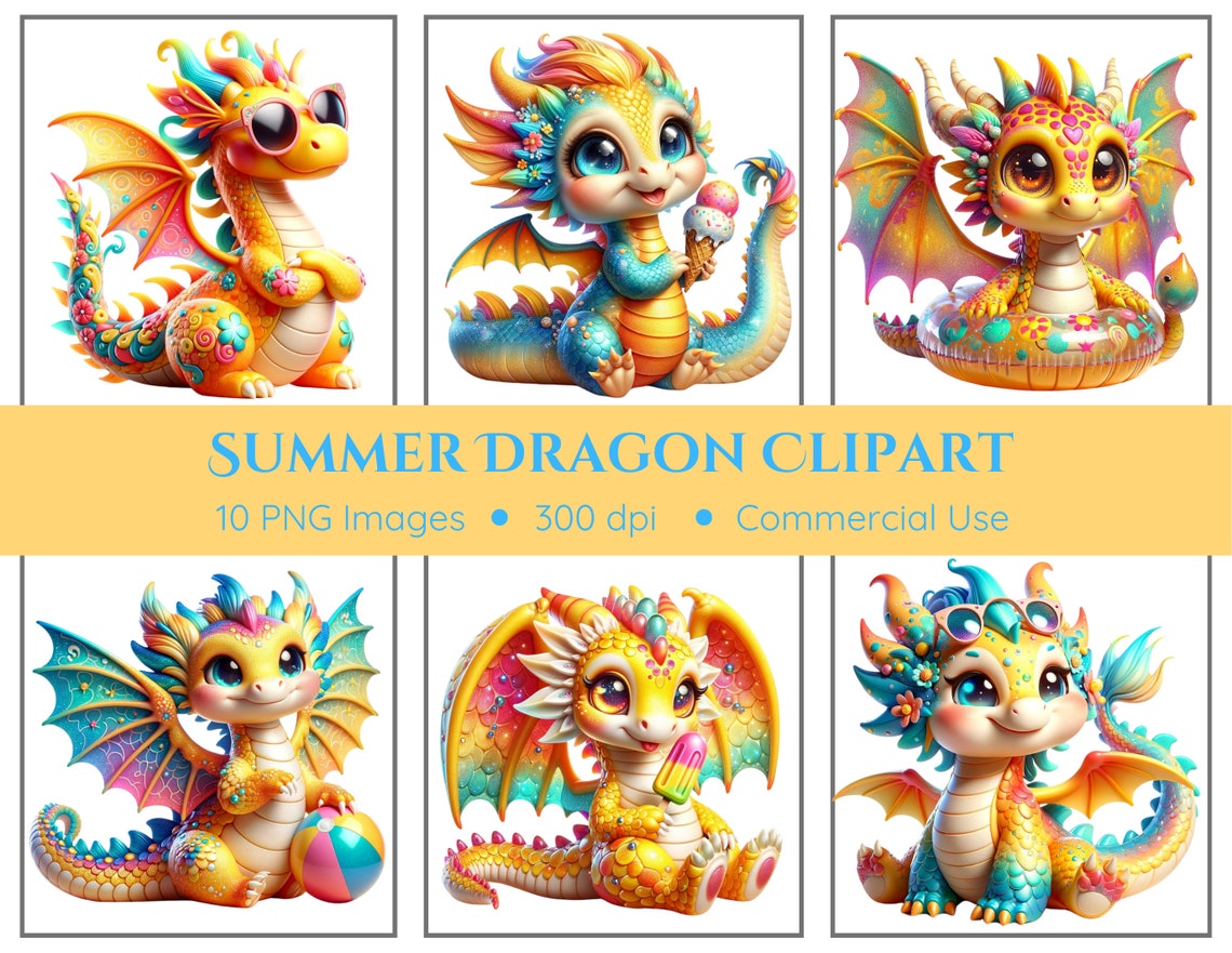 Summer Dragons Clipart Pack Transparent Background Baby Dragons, Pool ...