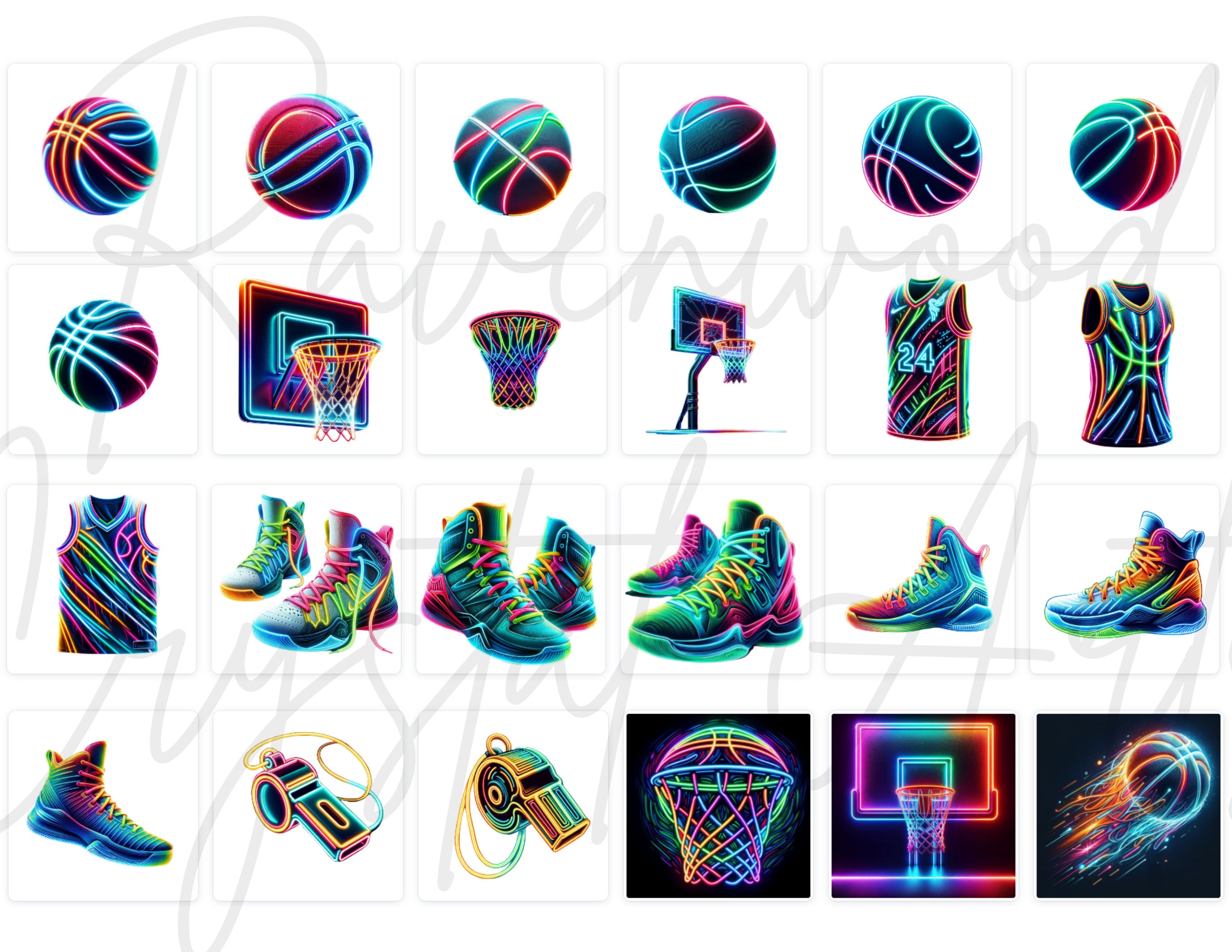 Neon Basketball Clipart Pack Transparent Background Basketballs Clipart ...