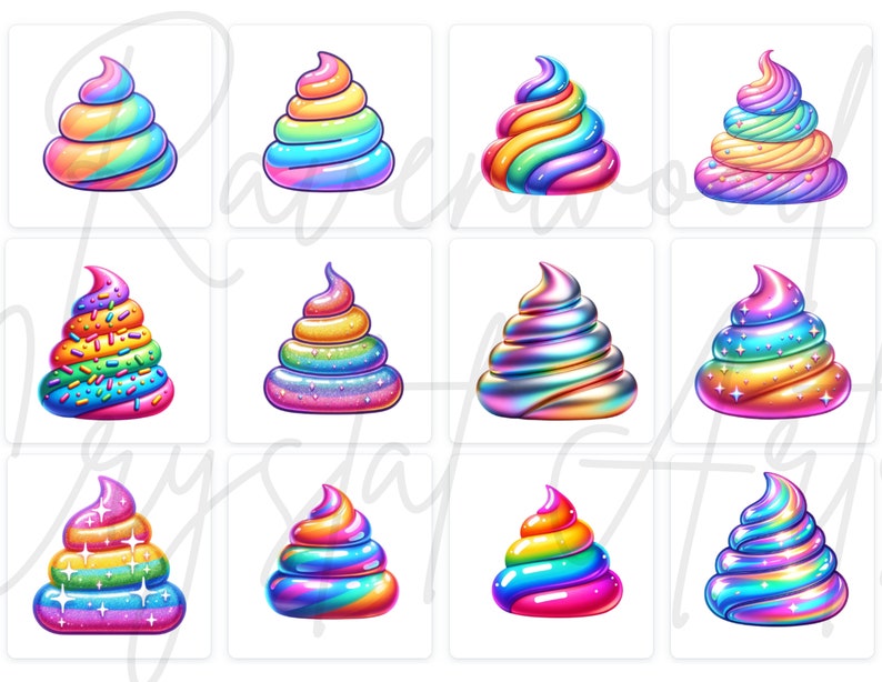 Unicorn Poop Clipart Pack - Transparent Background - Rainbow Poop Emoji ...