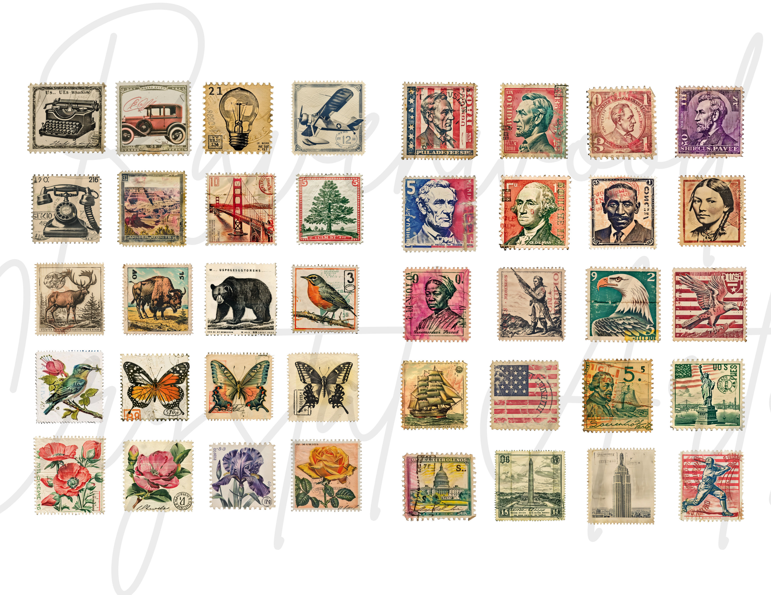Vintage Stamp Clipart 40 Pngs Instant Download Retro Stamps Png Vintage ...