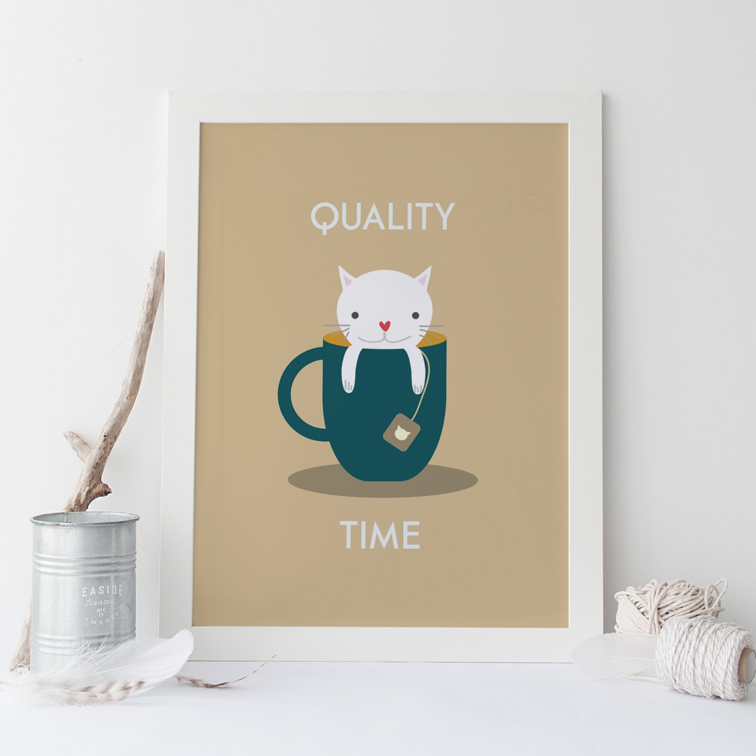 MODERN CAT Poster Tea Print Giclee Print CUTE Cat Poster Indie Kitten ...