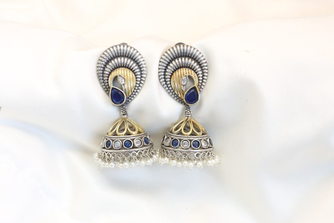 Dual Tone Jhumka Earrings, Brass Base, Blue, 2.75 Inches - Etsy