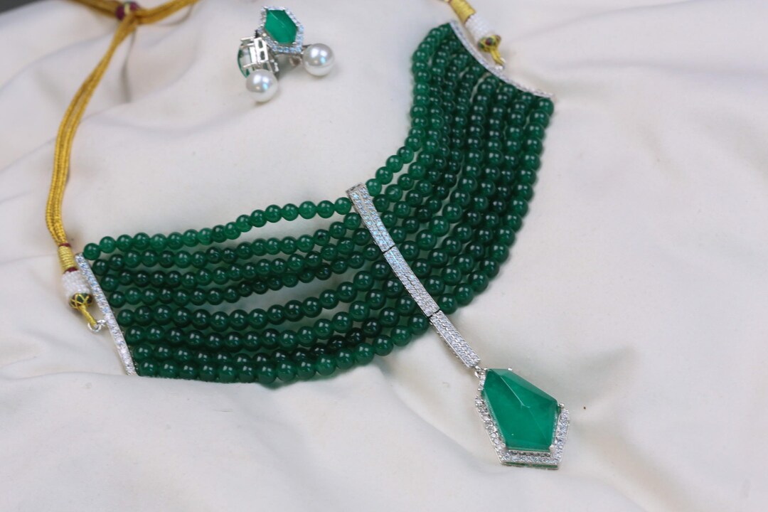 Shilpa Inspired Green Choker Set, American Diamond Necklace Set - Etsy