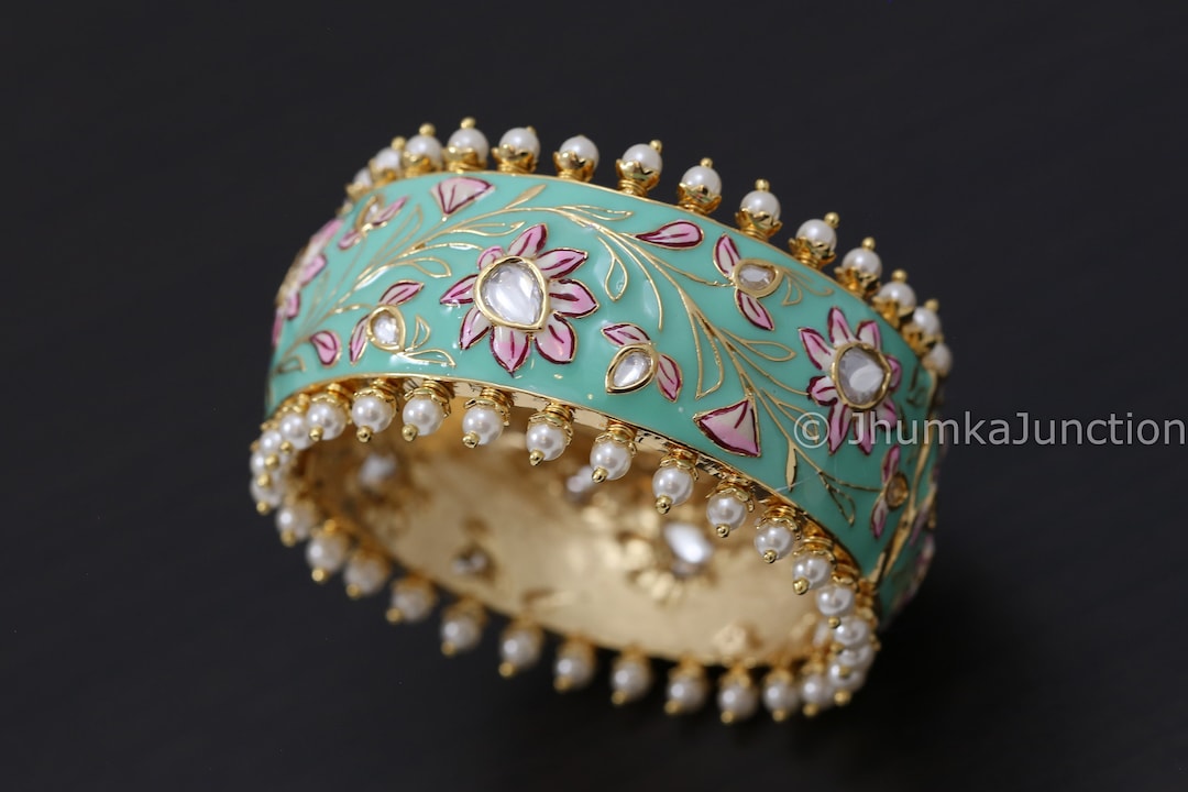 Teal Kundan Enamel Bangles, Openable Gold Plated Bangles, Jadau Jadtar ...