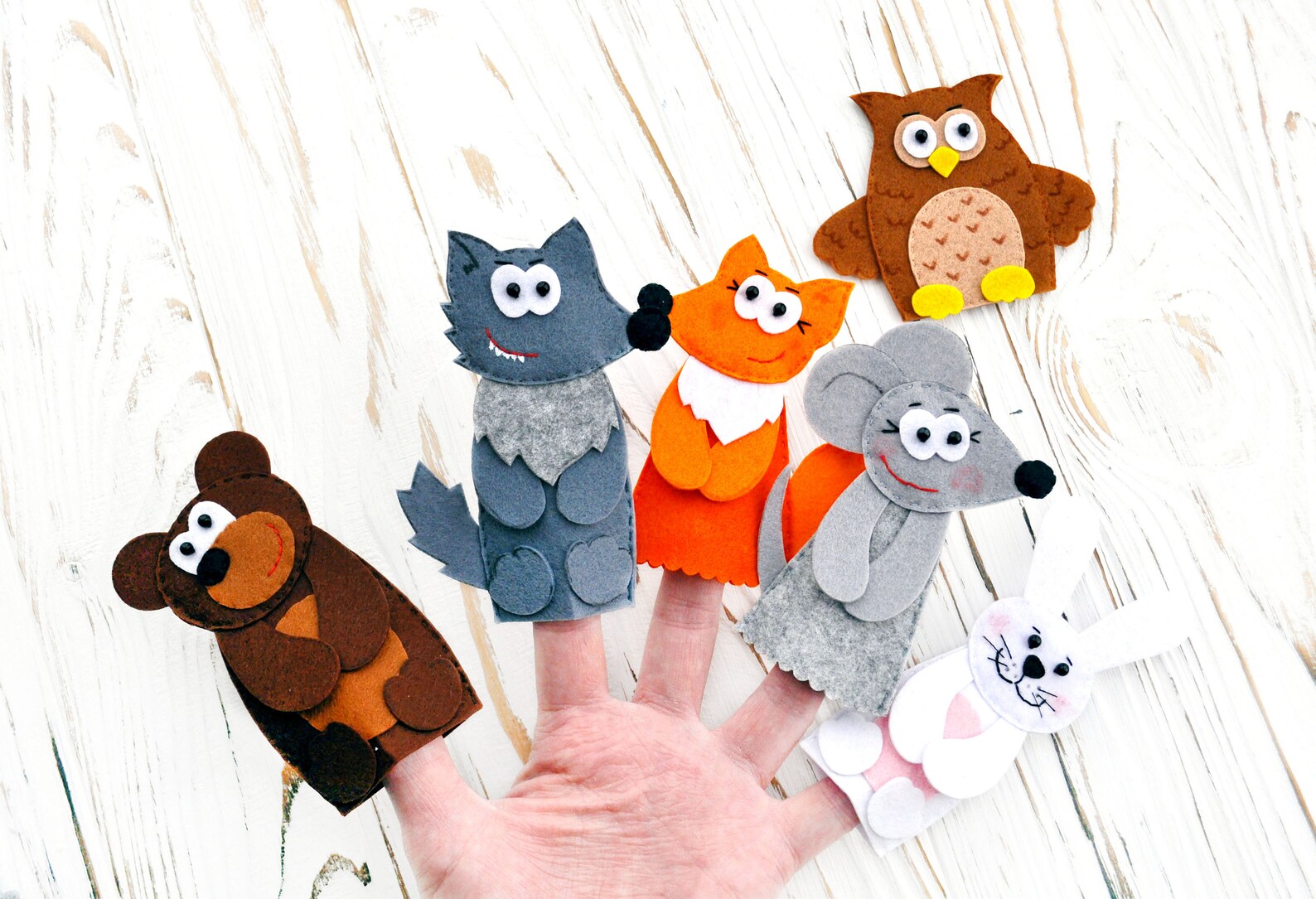 Woodland Animals Felt Finger Puppets Fox Wolf Mouse Bear Owl Hare Set ...