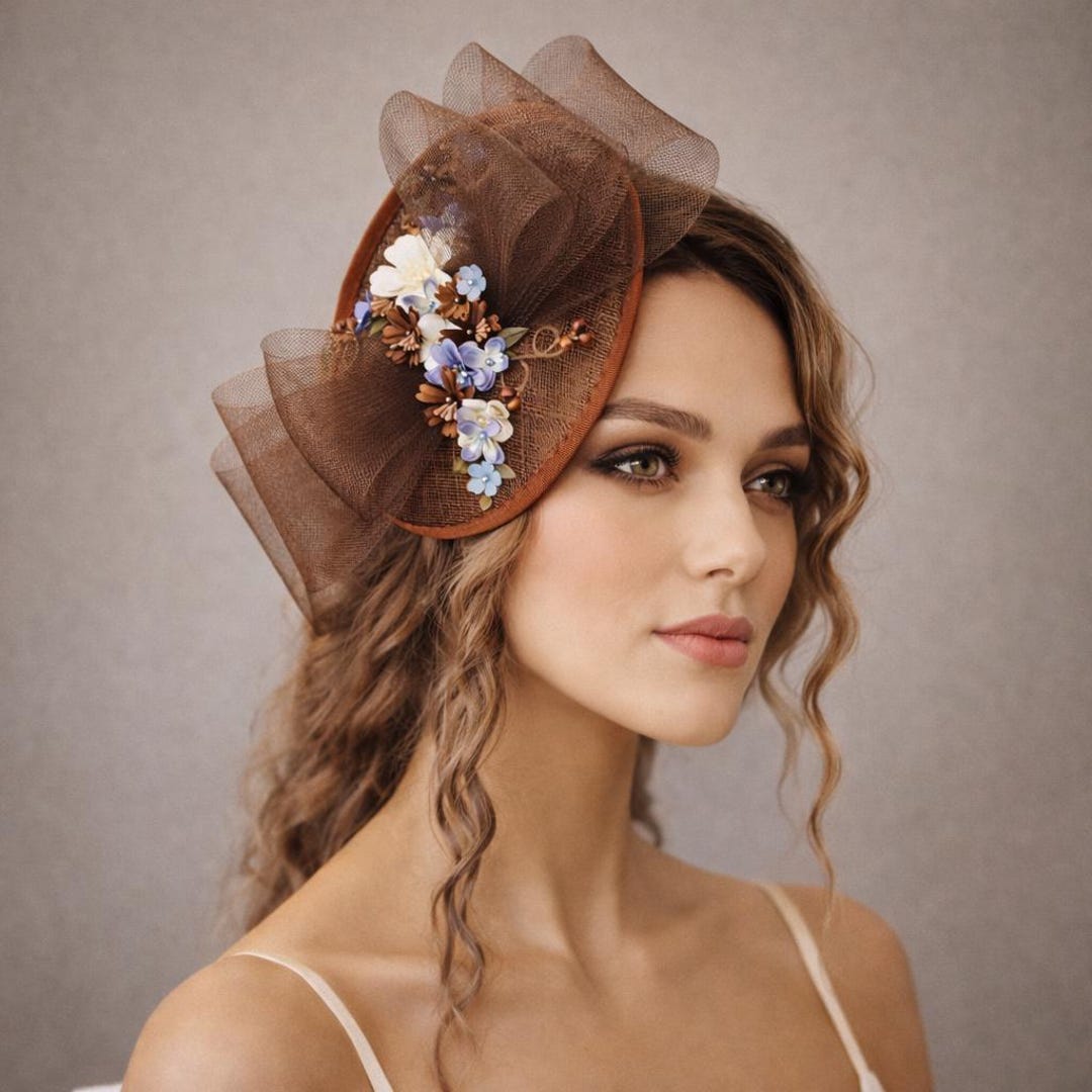 Royal Ascot Fascinator Hat, Mocha Baby Blue Couture Headpiece, Luxury ...