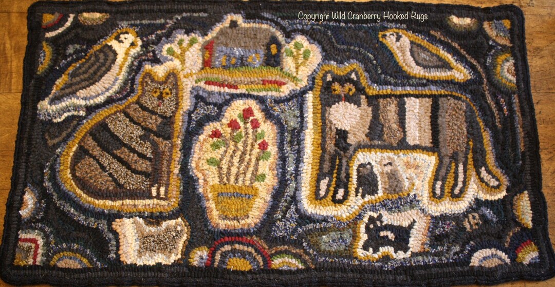 Primitive Hooked Rug Hooking Pattern Cats Gray Jay Bird (not the Rug ...