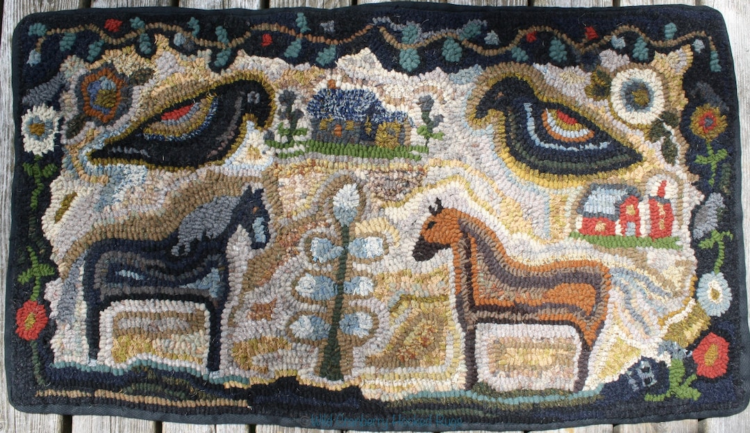 Primitive Hooked Rug Hooking Pattern Crowberry Cottage Horse Crows (not ...