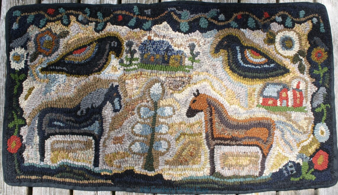 Primitive Hooked Rug Hooking Pattern Crowberry Cottage Horse Crows (not ...