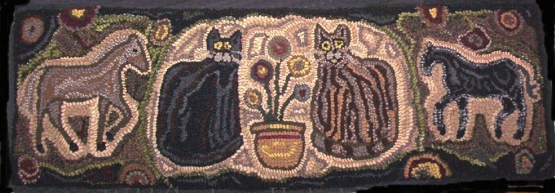 Primitive Hooked Rug Hooking Pattern Olde Hearth Mat Horses Lolly ...
