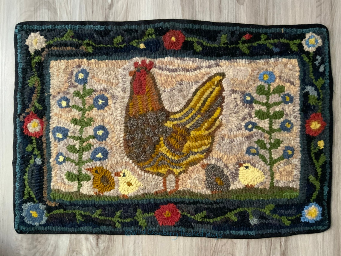 Primitive Hooked Rug Hooking Pattern Jenny Hen Chicks Chicken (not the ...