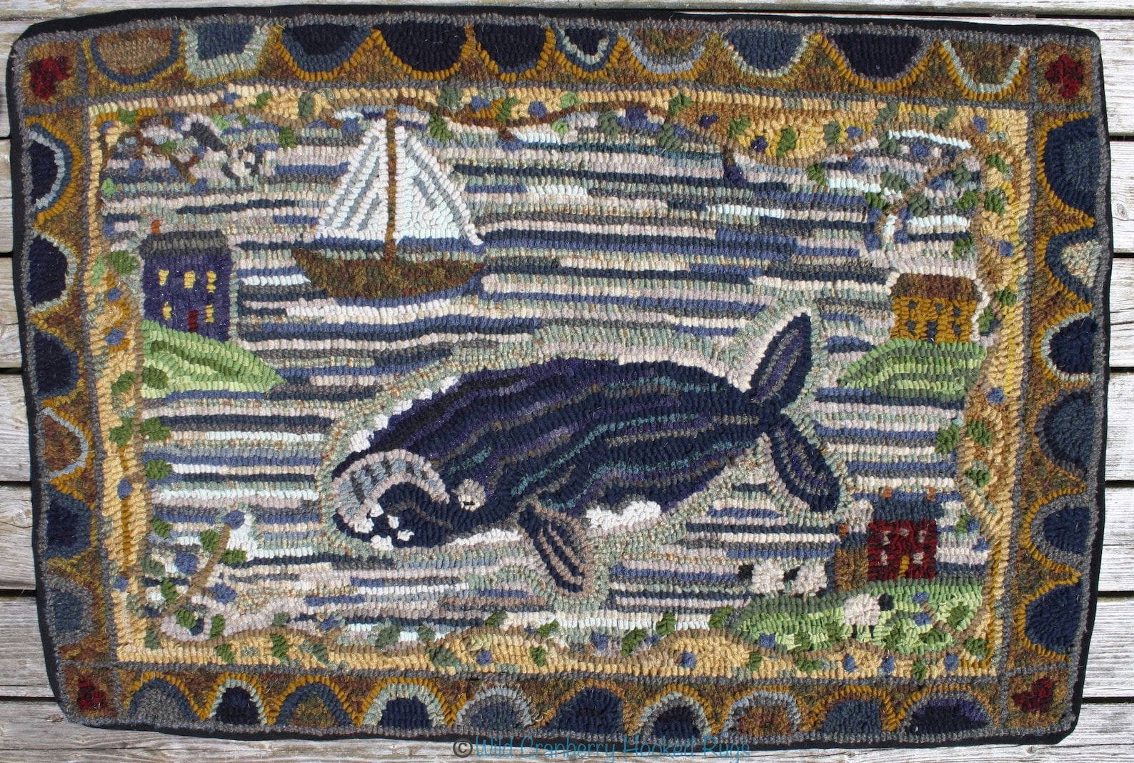 Primitive Hooked Rug Hooking Pattern Right Whale Ocean Scene (not the ...
