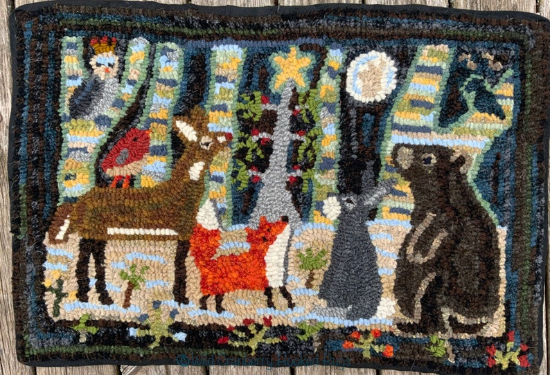 Primitive Hooked Rug Hooking Pattern Winter Holiday Woodland Animals ...