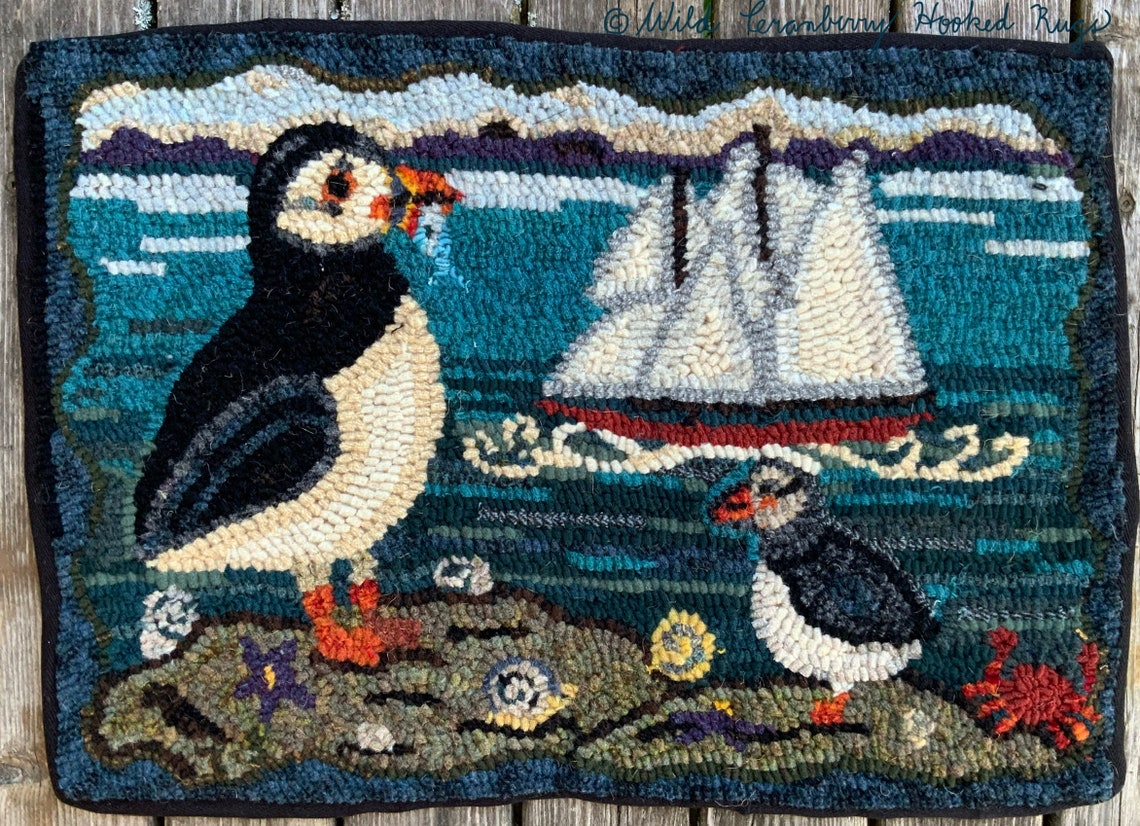 Primitive Hooked Rug Hooking Pattern Puffin Bluenose Sailboat Ocean ...
