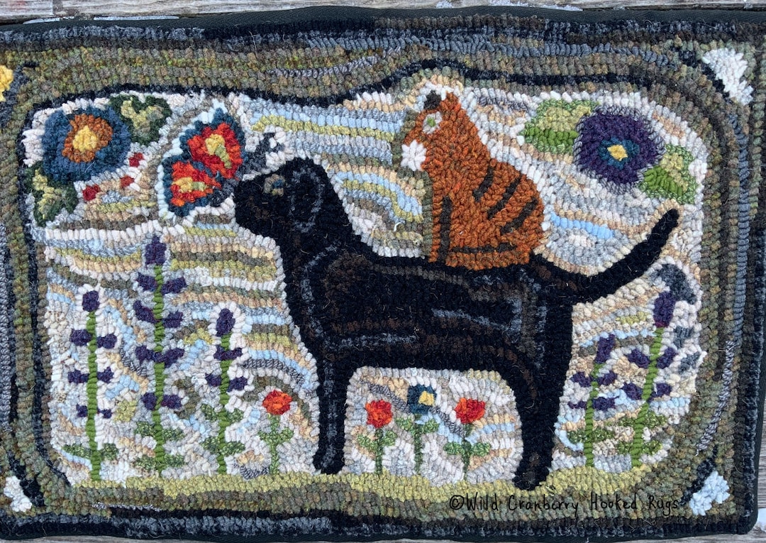 Finished Hand Hooked Rug Black Lab Dog Labrador Butterfly Flowers ...