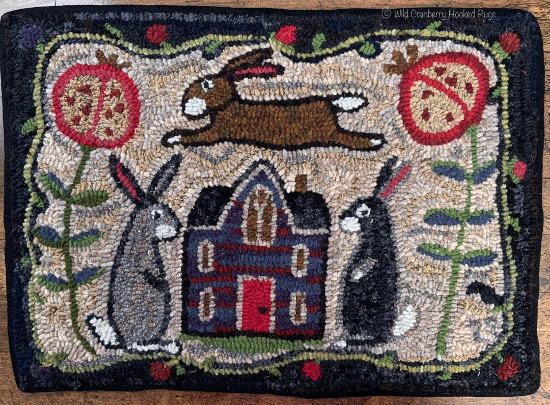 Primitive Hooked Rug Hooking Pattern Rabbit Bunny Pomegranate Pictorial ...