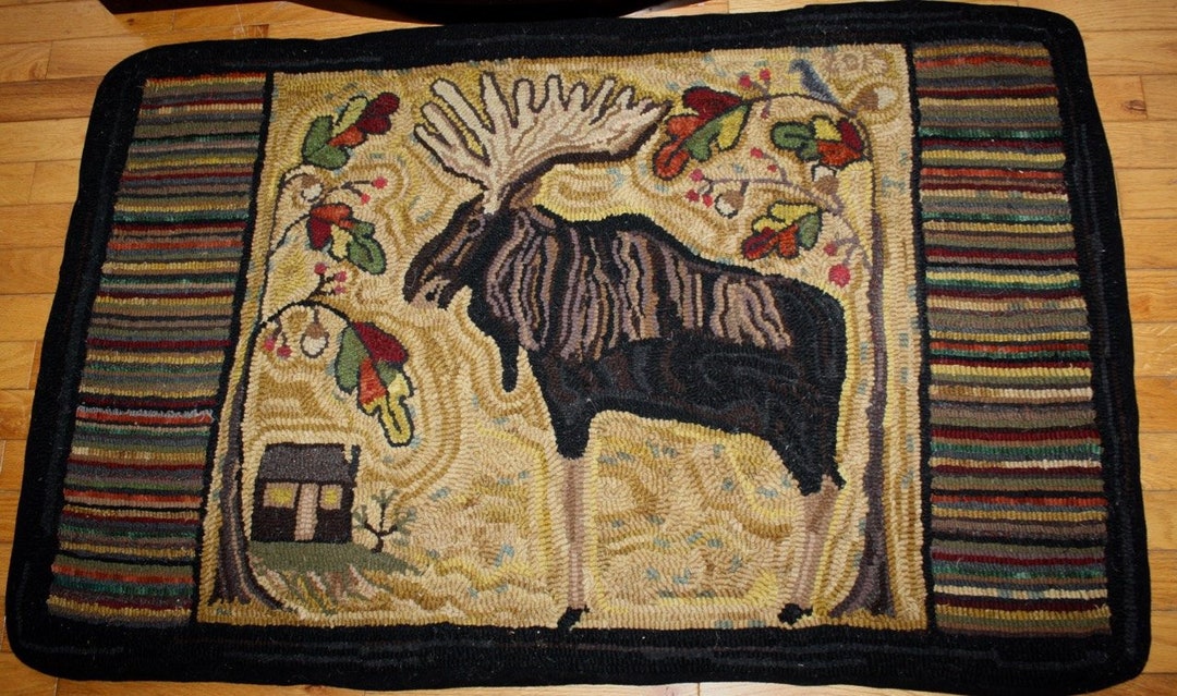 Primitive Hooked Rug Hooking Pattern Majestic Moose Cabin (not the Rug ...