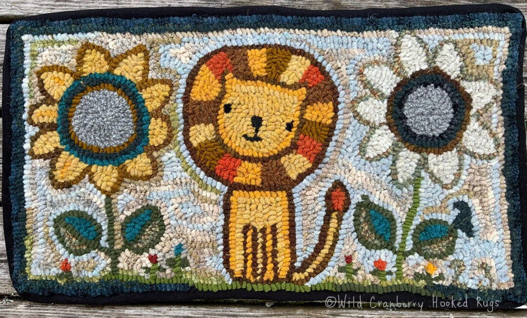 Primitive Hooked Rug Hooking Pattern Lion Cat Sunflowers Primitive ...