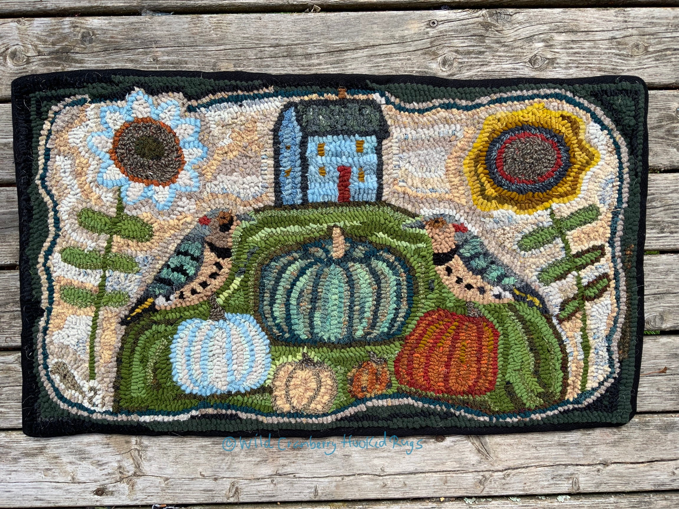 Primitive Hooked Rug Hooking Pattern Woodpeckers Pumpkins Pictorial ...