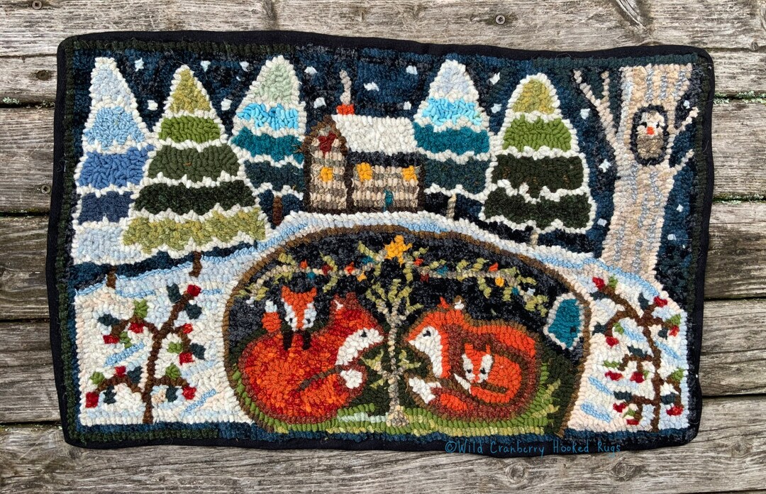 Finished Winter Holiday Woodland Fox Log Cabin Hand Hooked Rug - Etsy