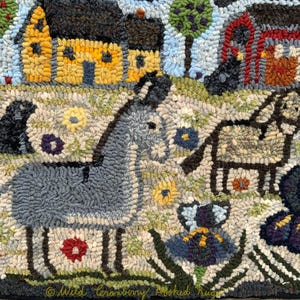 Finished Hand Hooked Rug Newly Handmade Donkey Farm Scene Black Dog Hen ...