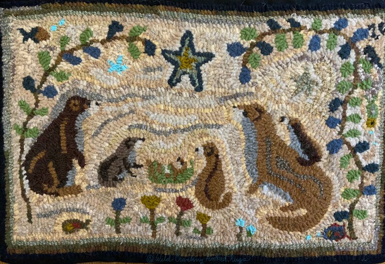 Primitive Hooked Rug Hooking Pattern the Otter Family (not the Rug ...